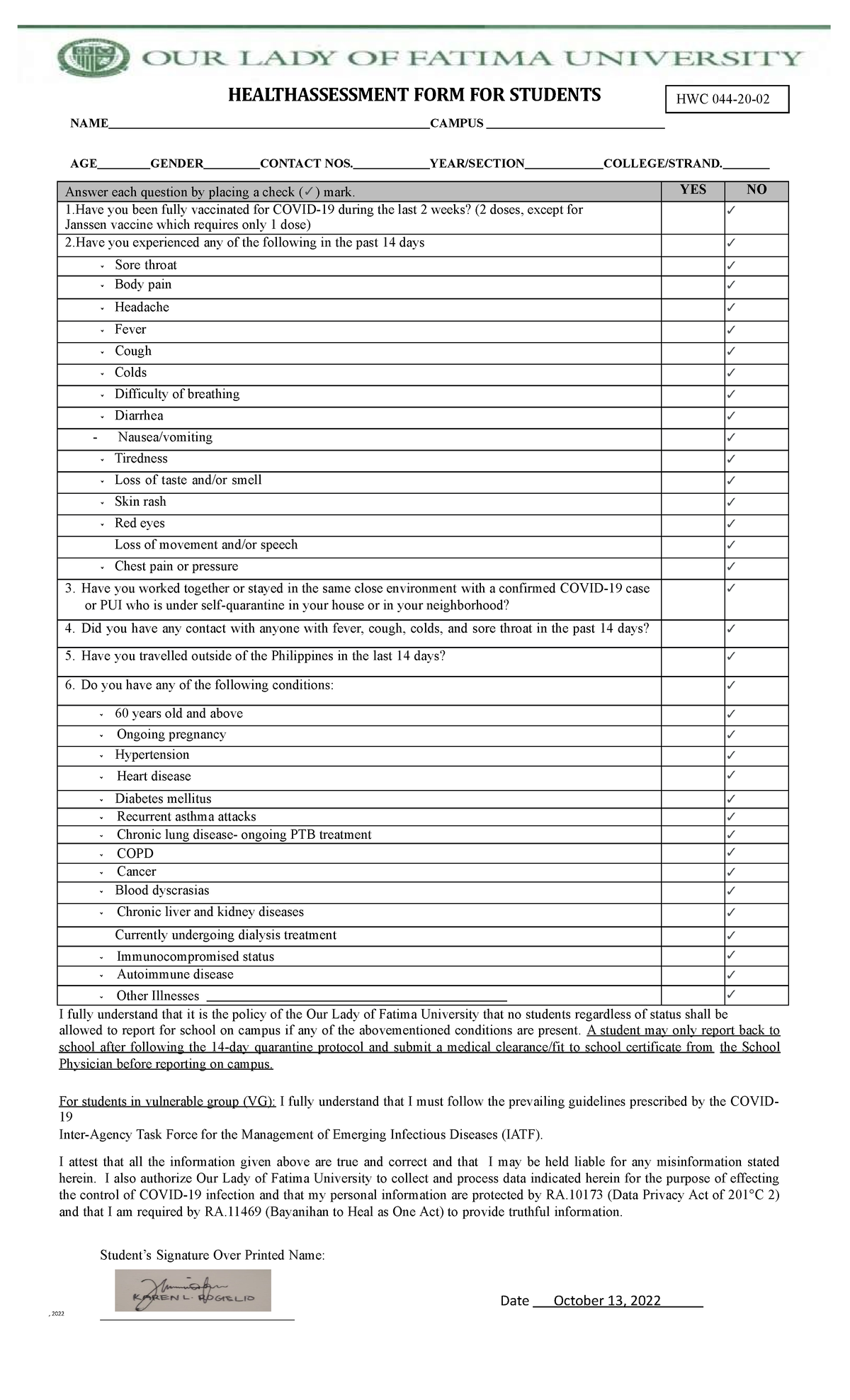 Health Assessment Form for Student 02 1 - HEALTHASSESSMENT FORM FOR ...