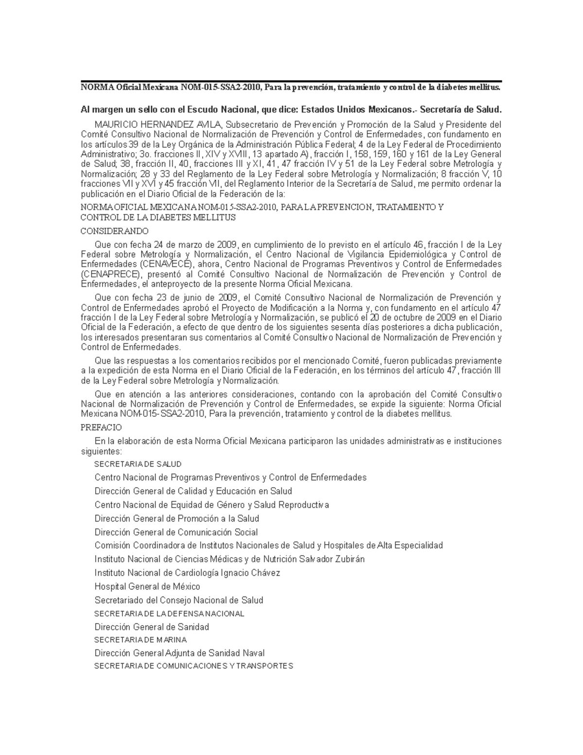 NOM 015 diabetes - NORMA Oficial Mexicana NOM-015-SSA2-2010, Para la ...