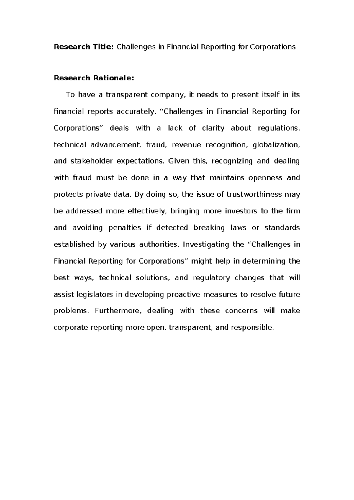 Title - “Challenges in Financial Reporting for Corporations” deals with ...
