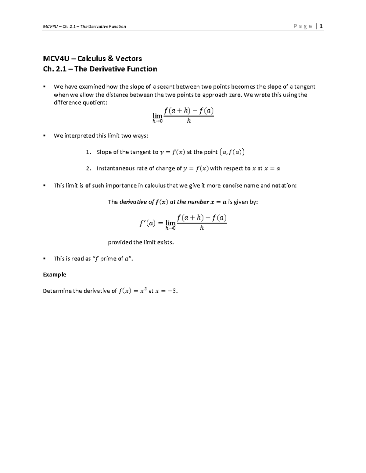 MCV4U Ch. 2.1 The Derivative Function - Studocu