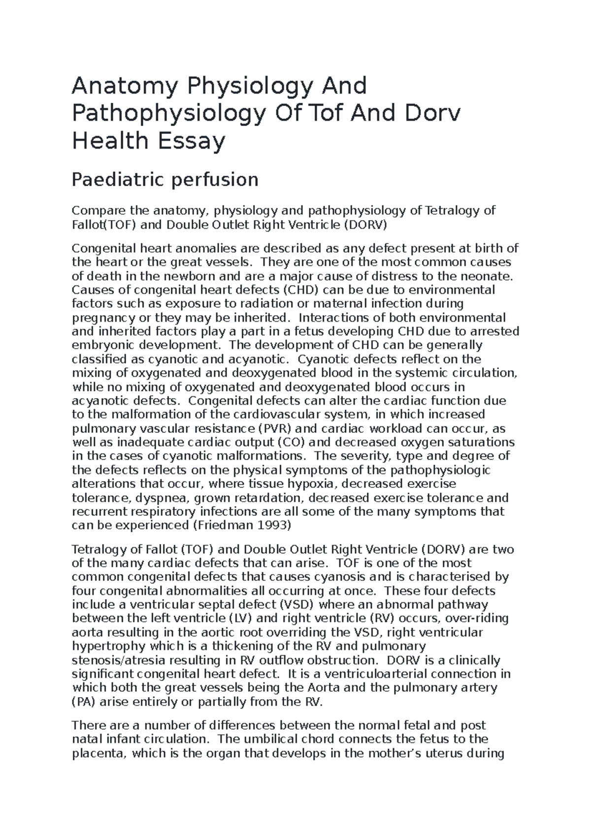 Anatomy Physiology And Pathophysiology Of Tof And Dorv Health Essay ...