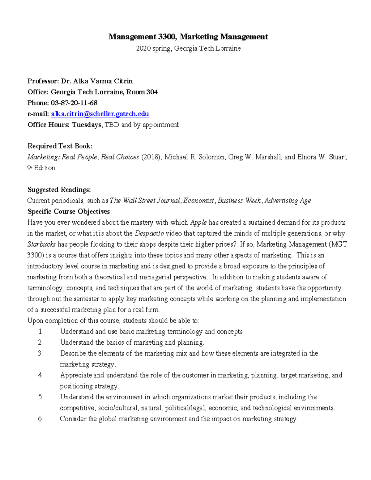 4. Marketing Management Syllabus - Georgia Tech - MGT 3300 Syllabus ...