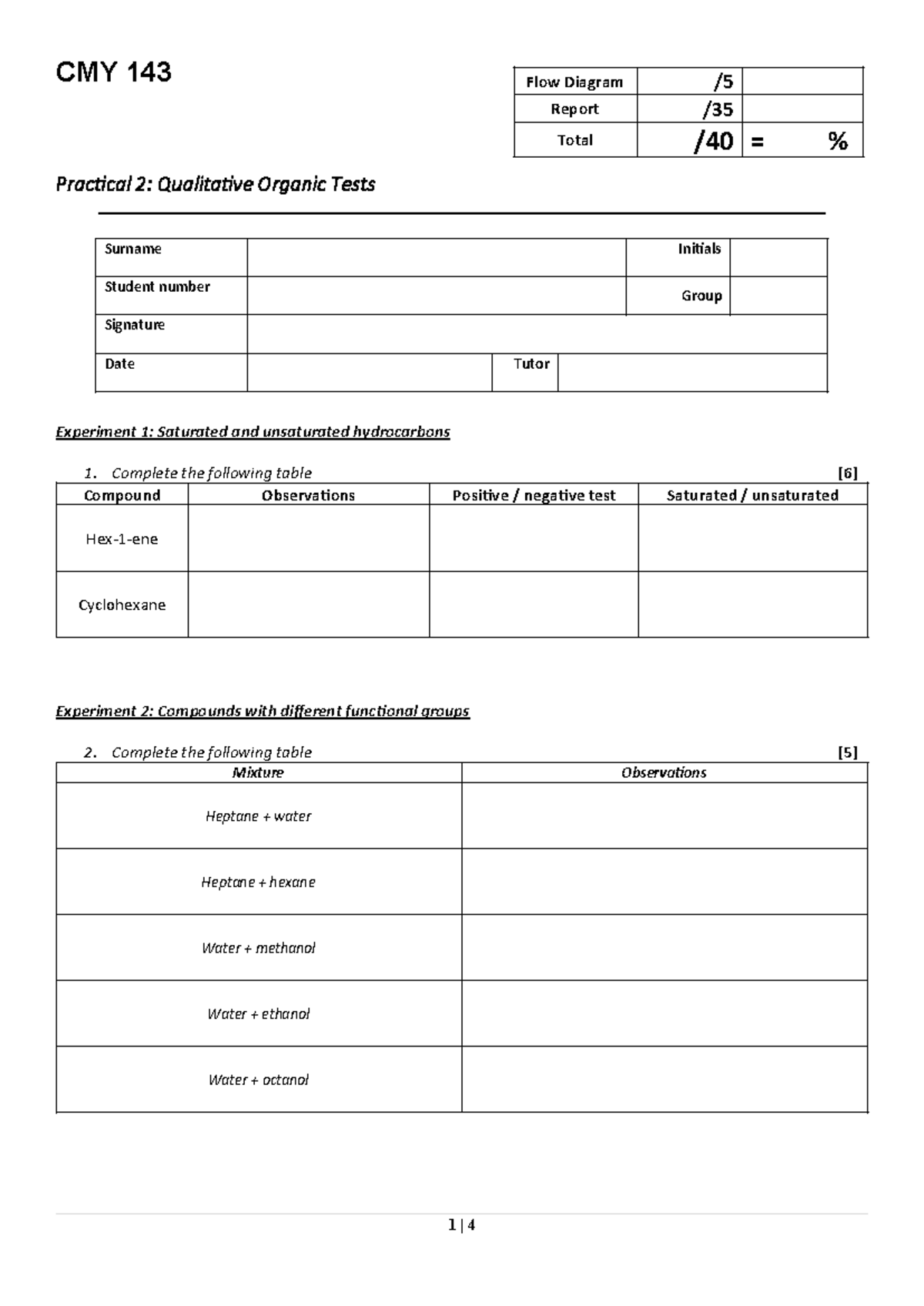 CMY143 Practical 2 Report Sheet 2023 - CMY 143 PracƟcal 2: QualitaƟve ...