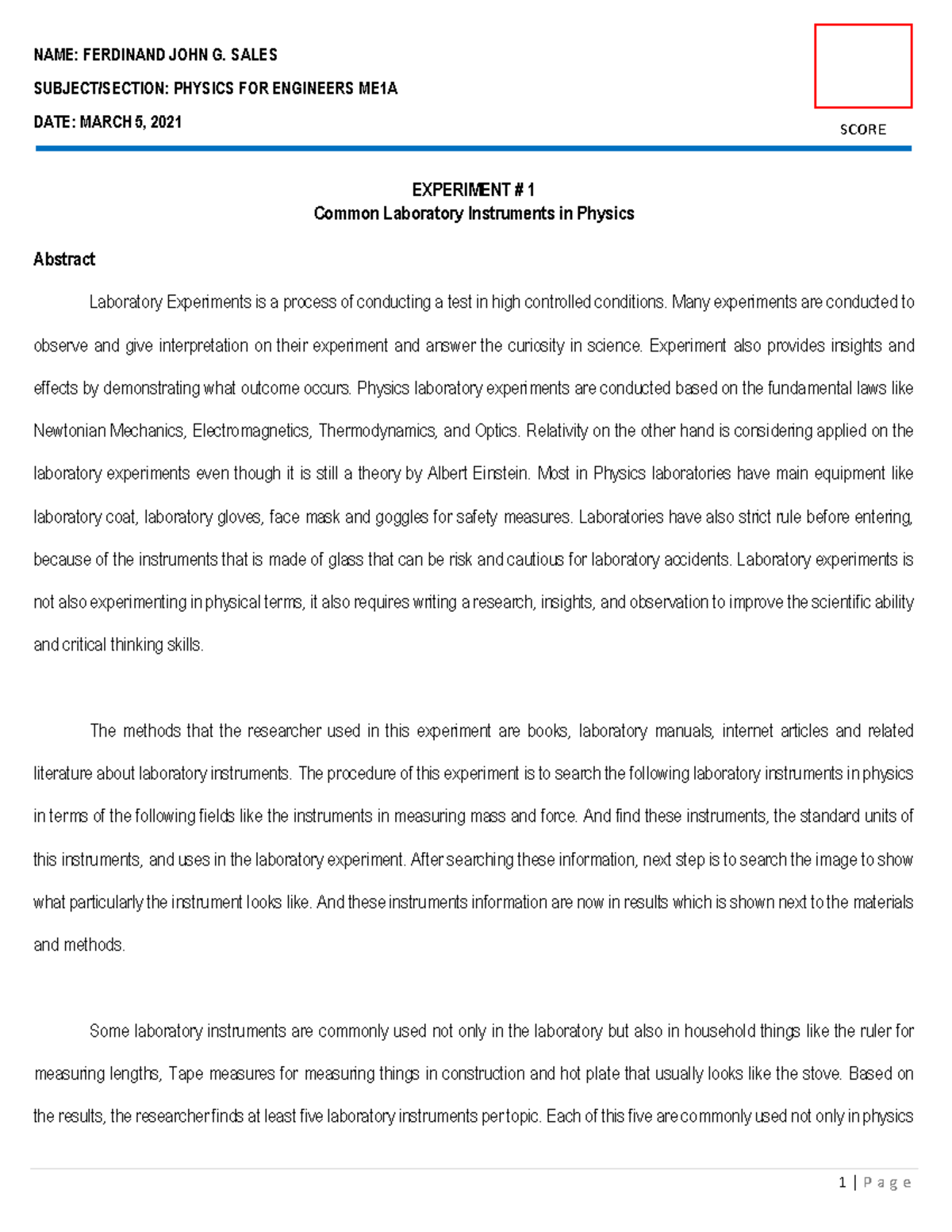 Laboratory Report 1 - Physics For Engineers - PangSU - Studocu