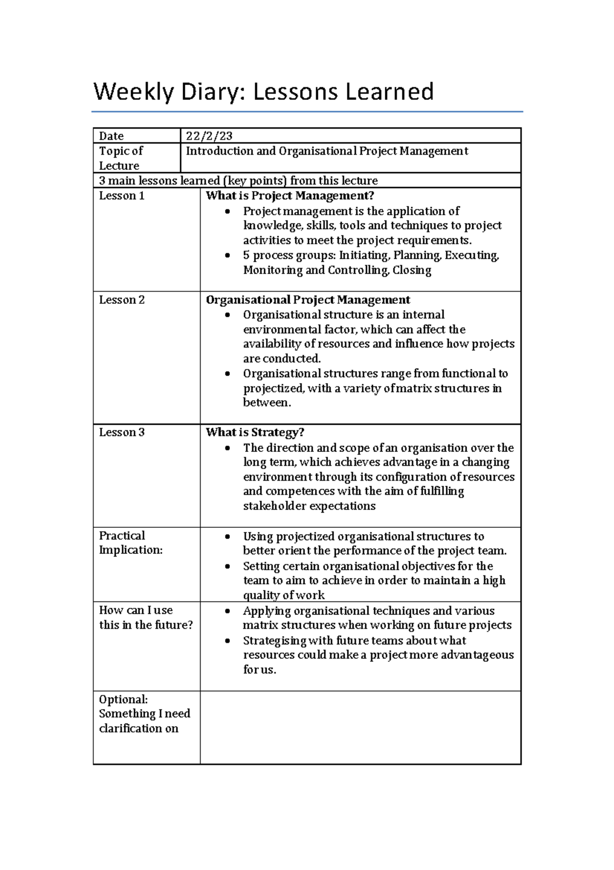 16912 Weekly Diary - W1-5 - Weekly Diary: Lessons Learned Date 22/2 ...