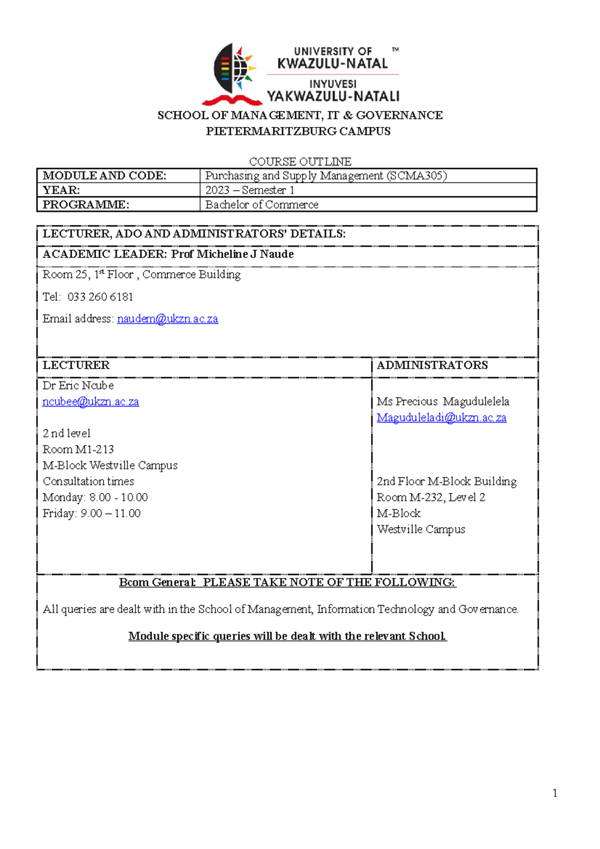 Module outline - SCHOOL OF MANAGEMENT, IT & GOVERNANCE PIETERMARITZBURG ...
