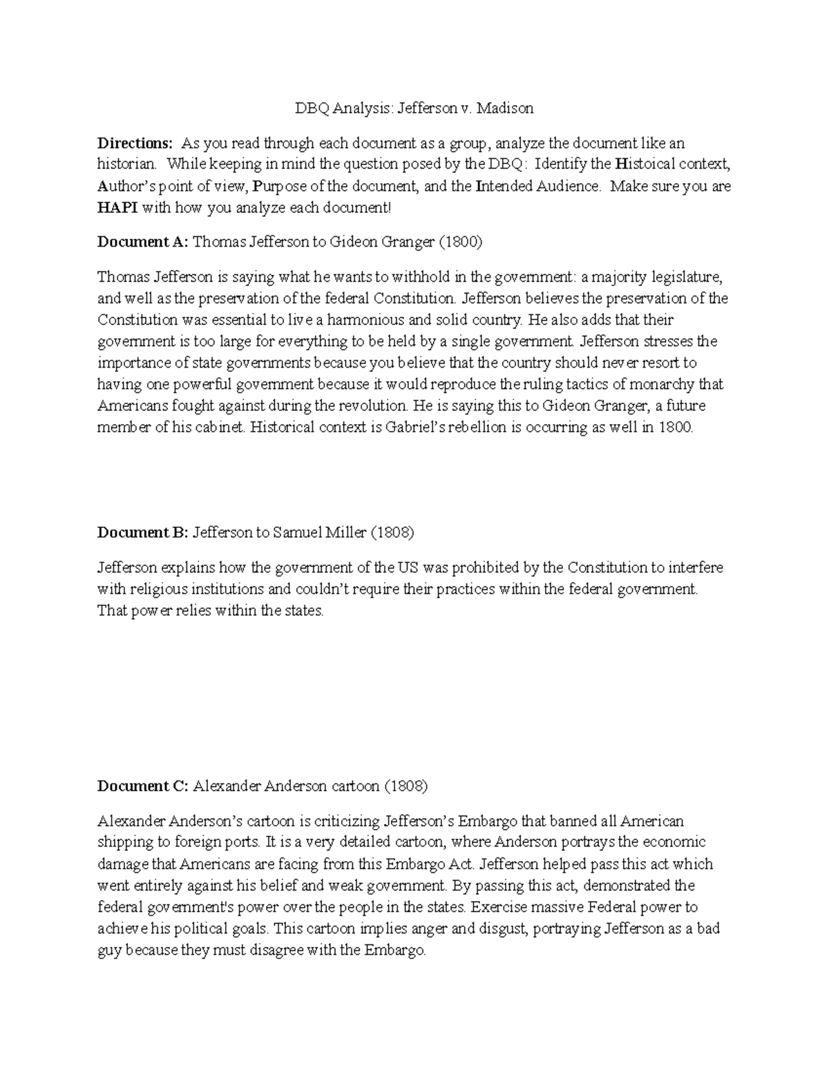 Copy of DBQ Analysis- Jefferson and Madison - DBQ Analysis: Jefferson v ...