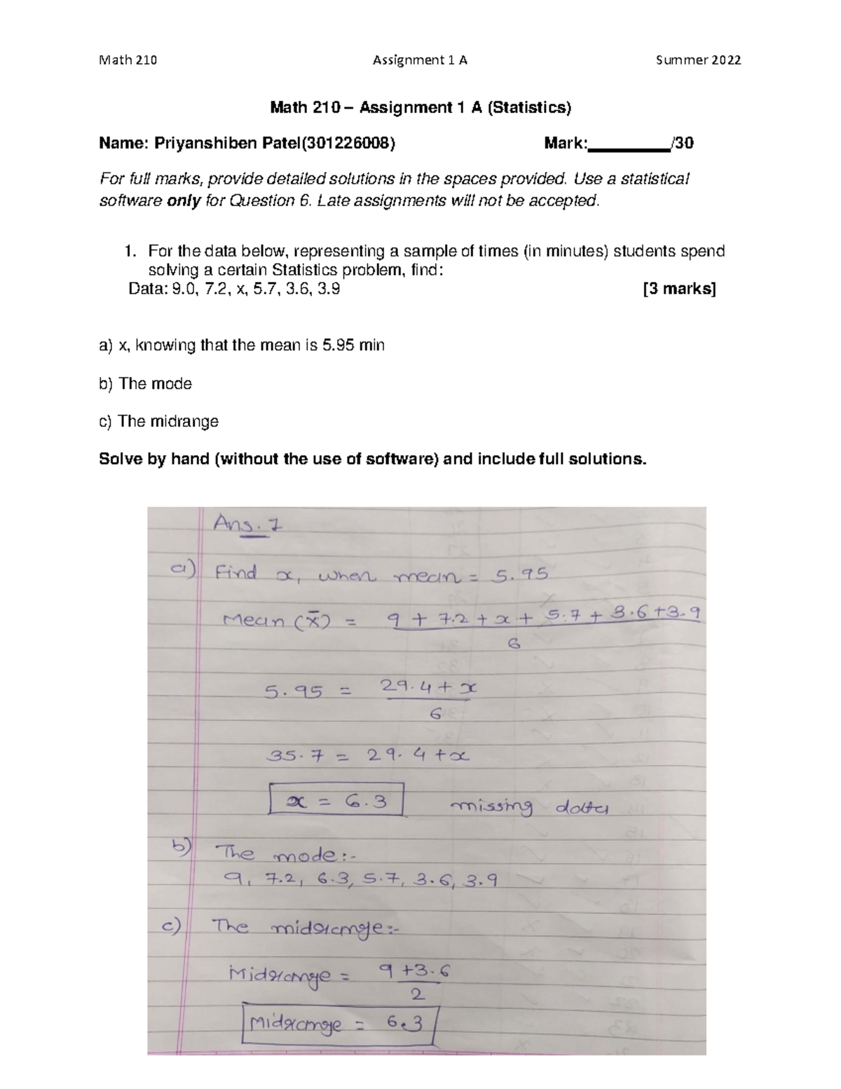 Priyanshiben Patel(301226008) Assignment 1 - Math 210 – Assignment 1 A (Statistics) Name: - Studocu