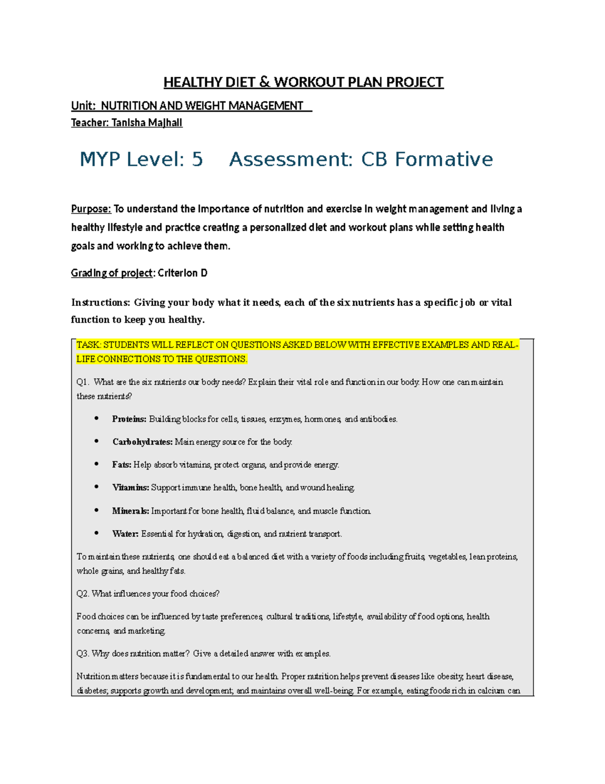 Health Education DIET CB Formative D completed - HEALTHY DIET & WORKOUT ...