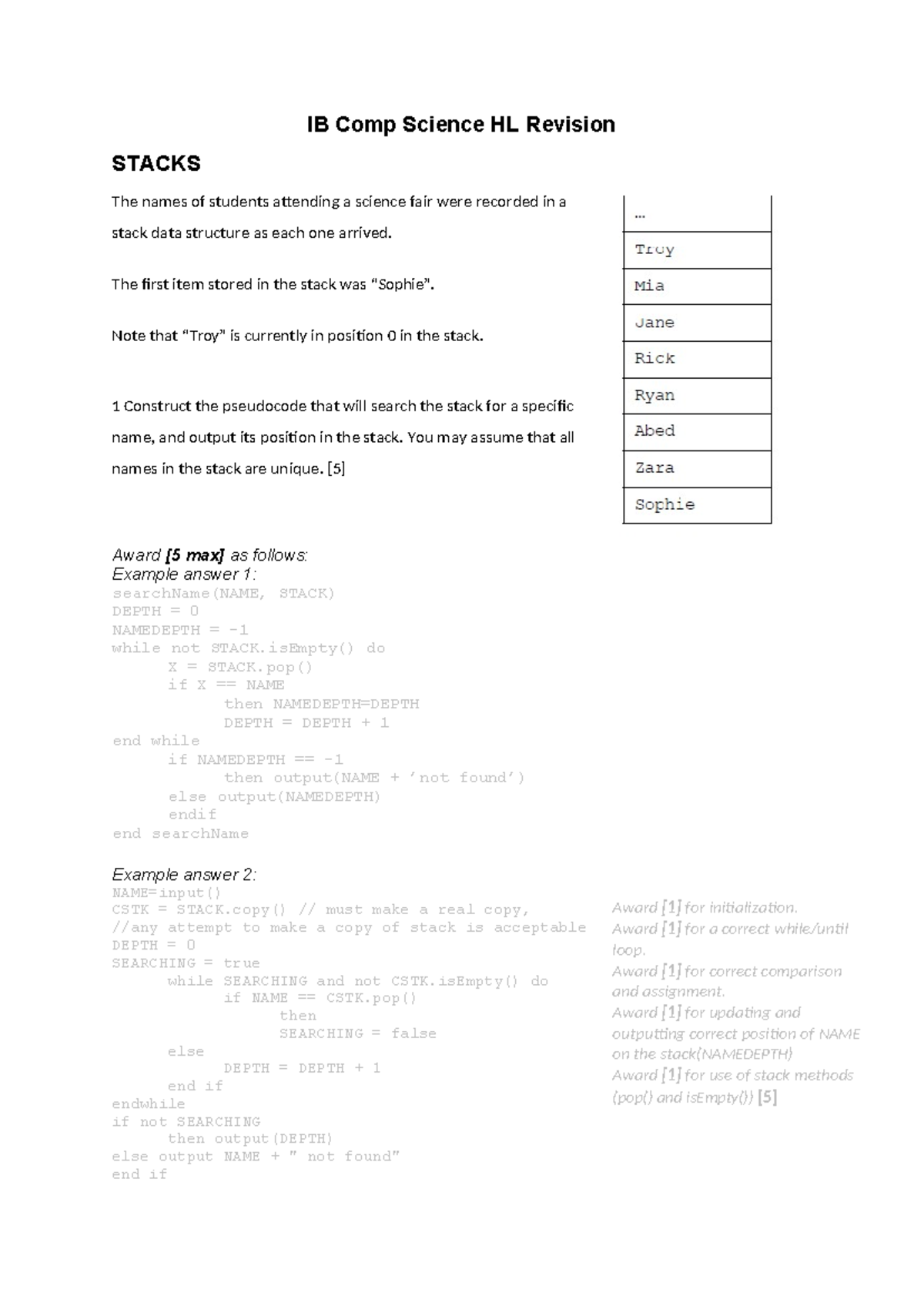 Stacks 3 - comp - IB Comp Science HL Revision STACKS The names of ...