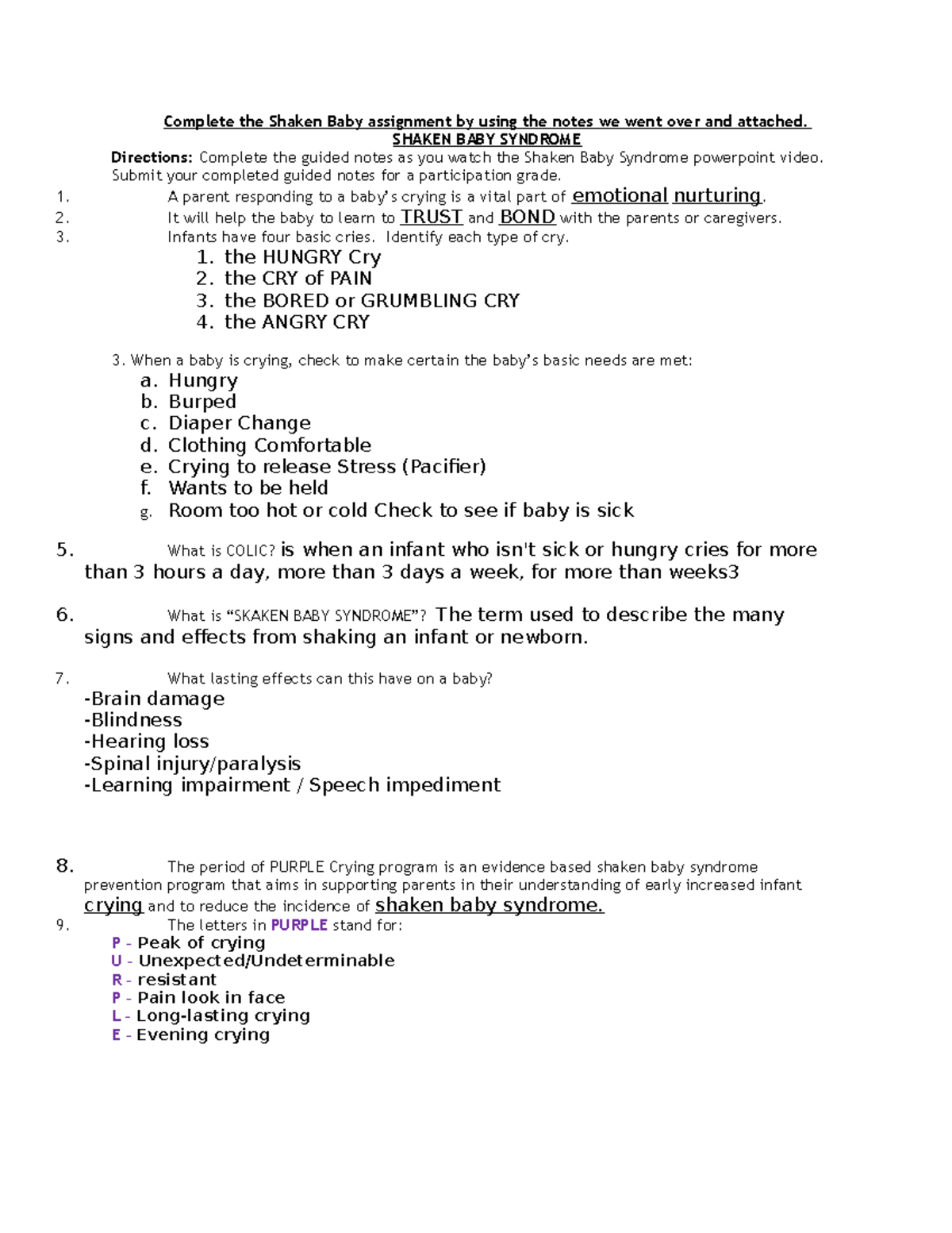 Shaken Baby assignment - SHAKEN BABY SYNDROME Directions: Complete the ...