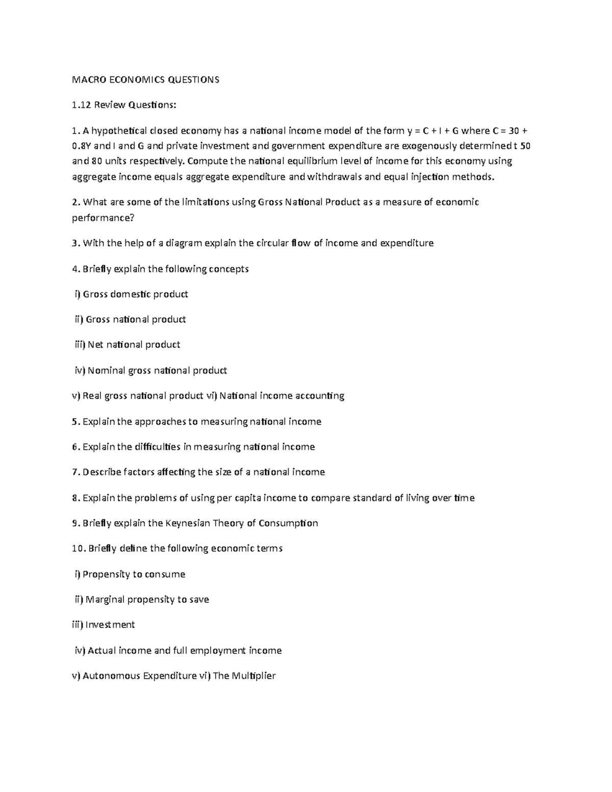 Macro Economics Questions - MACRO ECONOMICS QUESTIONS 1 Review ...