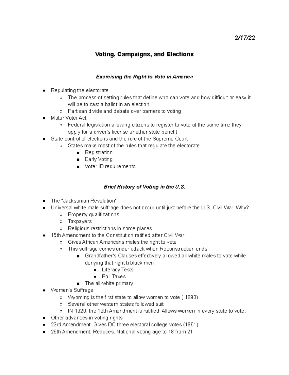 Voting, Campaigns, and Elections - 2/17/ Voting, Campaigns, and ...