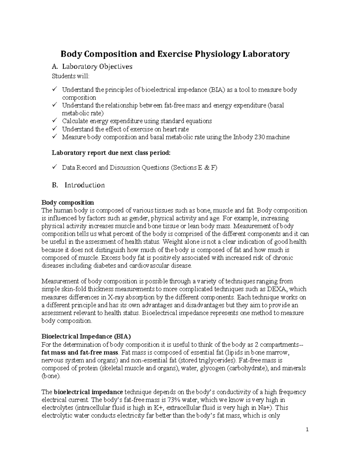 Body Composition lab - Weekly lab - Body Composition and Exercise ...