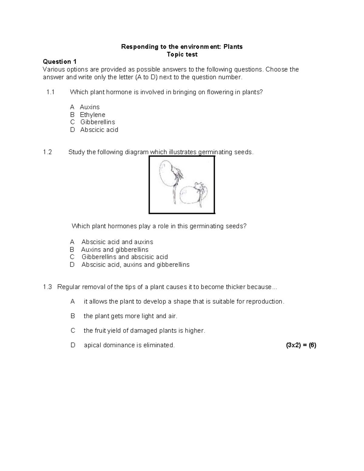 Responding to the environment Plants Topic test - Responding to the ...