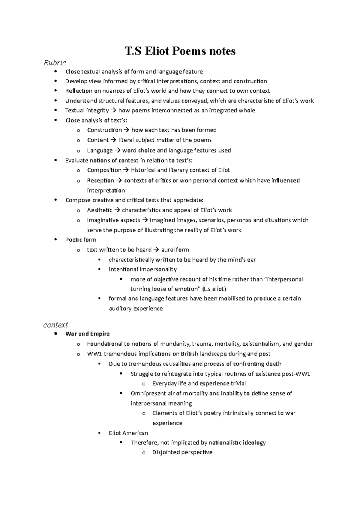 T.S Eliot Poems notes and essay plans - T Eliot Poems notes Rubric ...