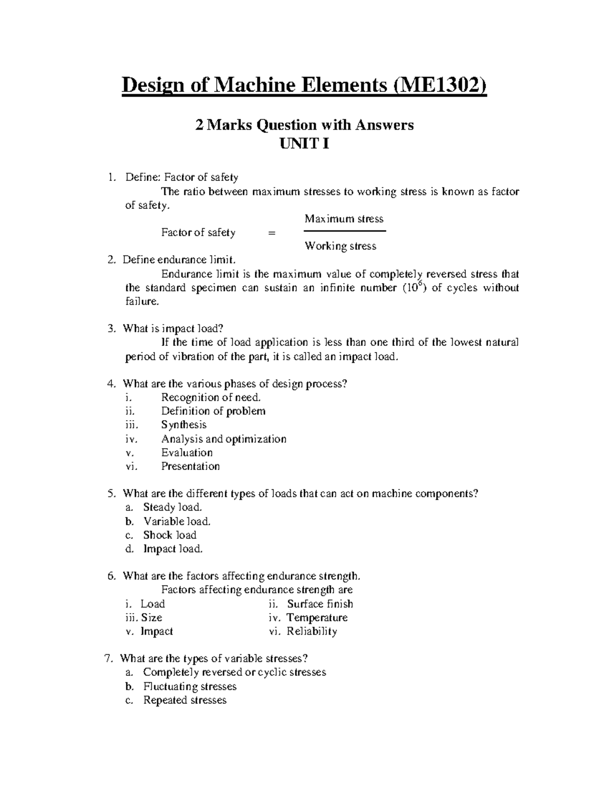 2 Mark - Nil - Design of Machine Elements (ME1302) 2 Marks Question ...