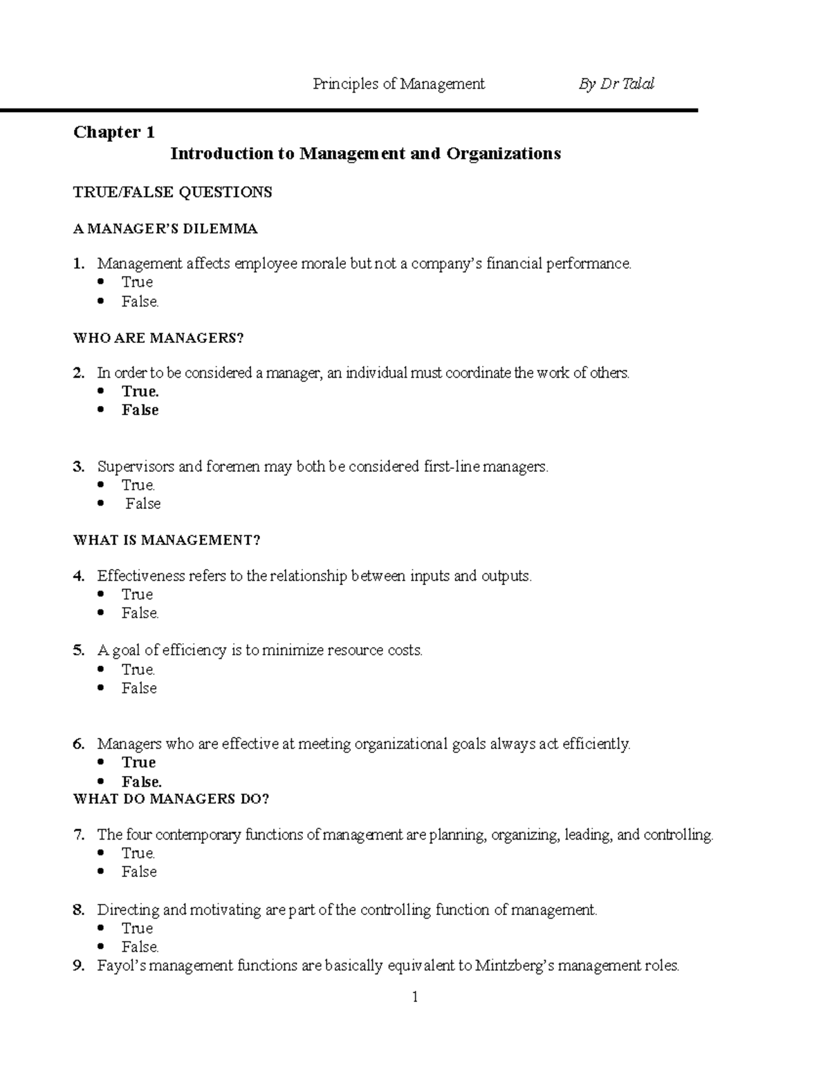 1 10 December, questions - Principles of Management Dr Talal Chapter 1 ...