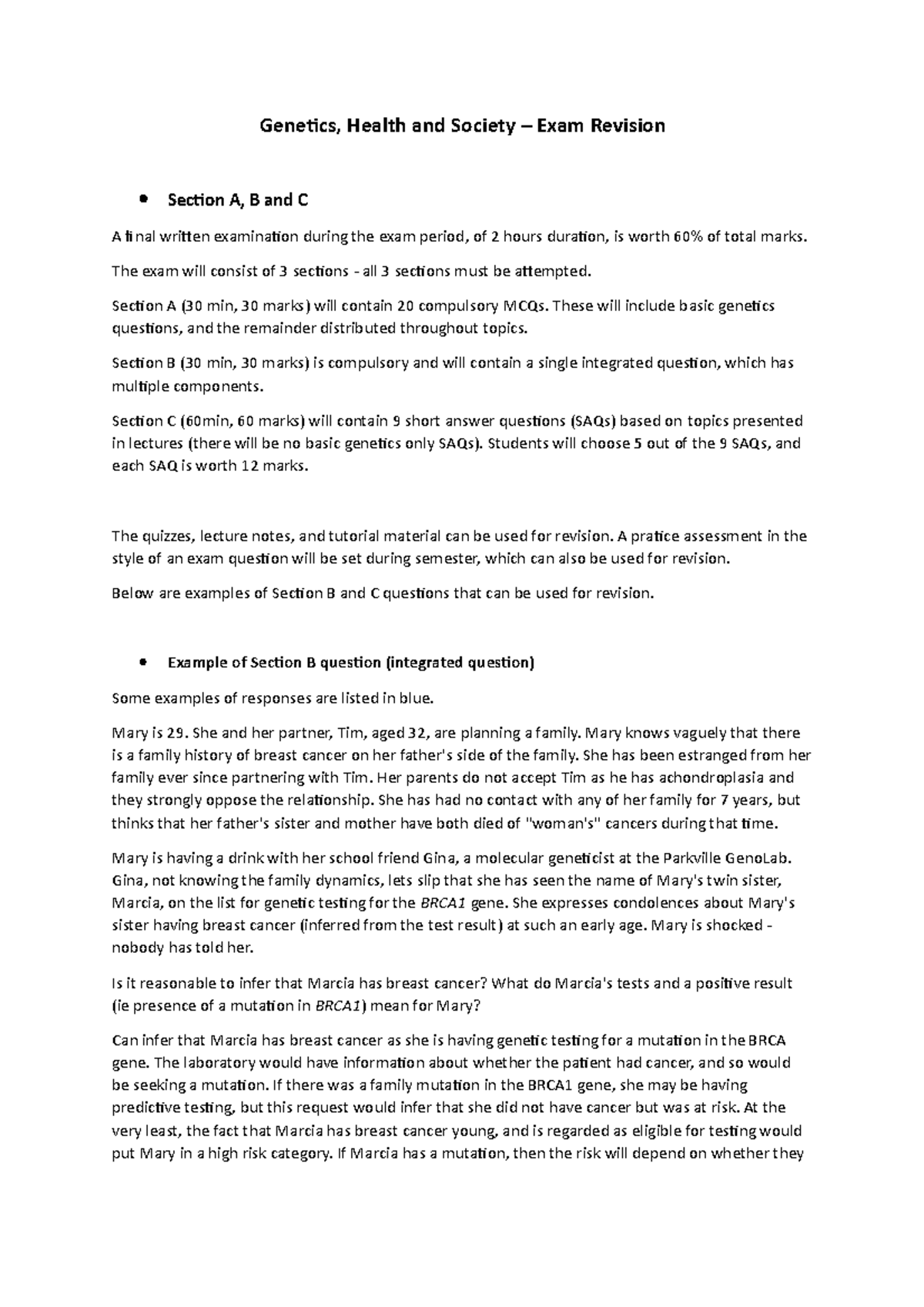 Exam Revision - Overview of areas to study for in the exam. Breakdown ...