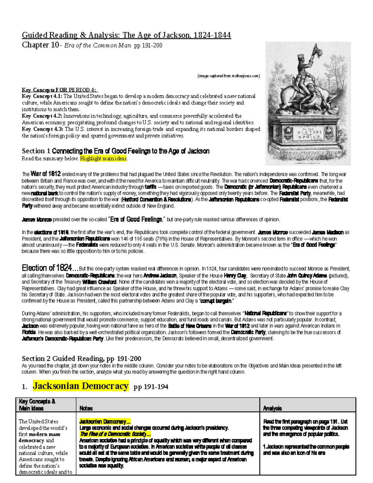 An overview of a unit in American History - Guided Reading & Analysis ...