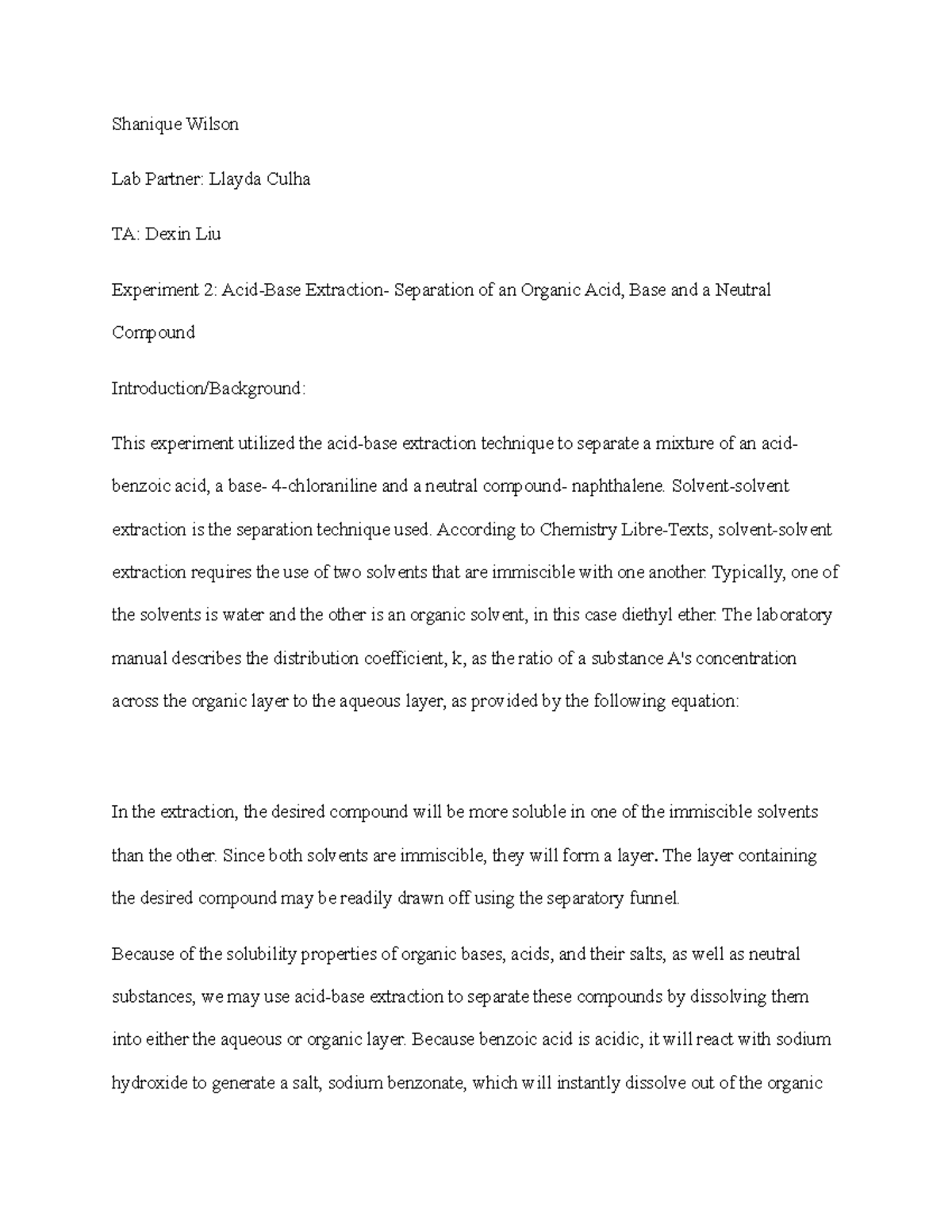 Post Lab 2 - orgo lab 2 post lab - Shanique Wilson Lab Partner: Llayda ...