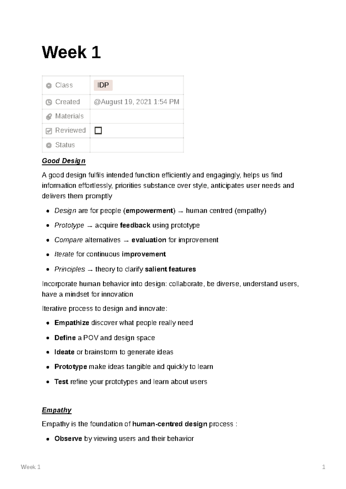 Week 1 Idp Notes From First Week Of Class Week 1 Class Idp Created