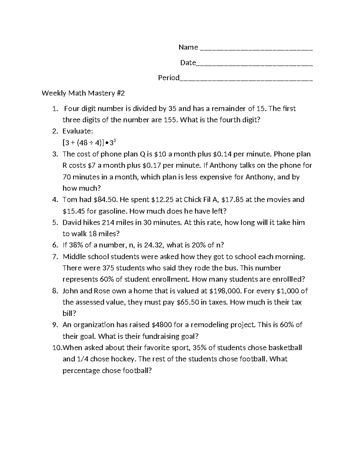 Math Mastery #2 - asdf - Name ____________________________ Date ...