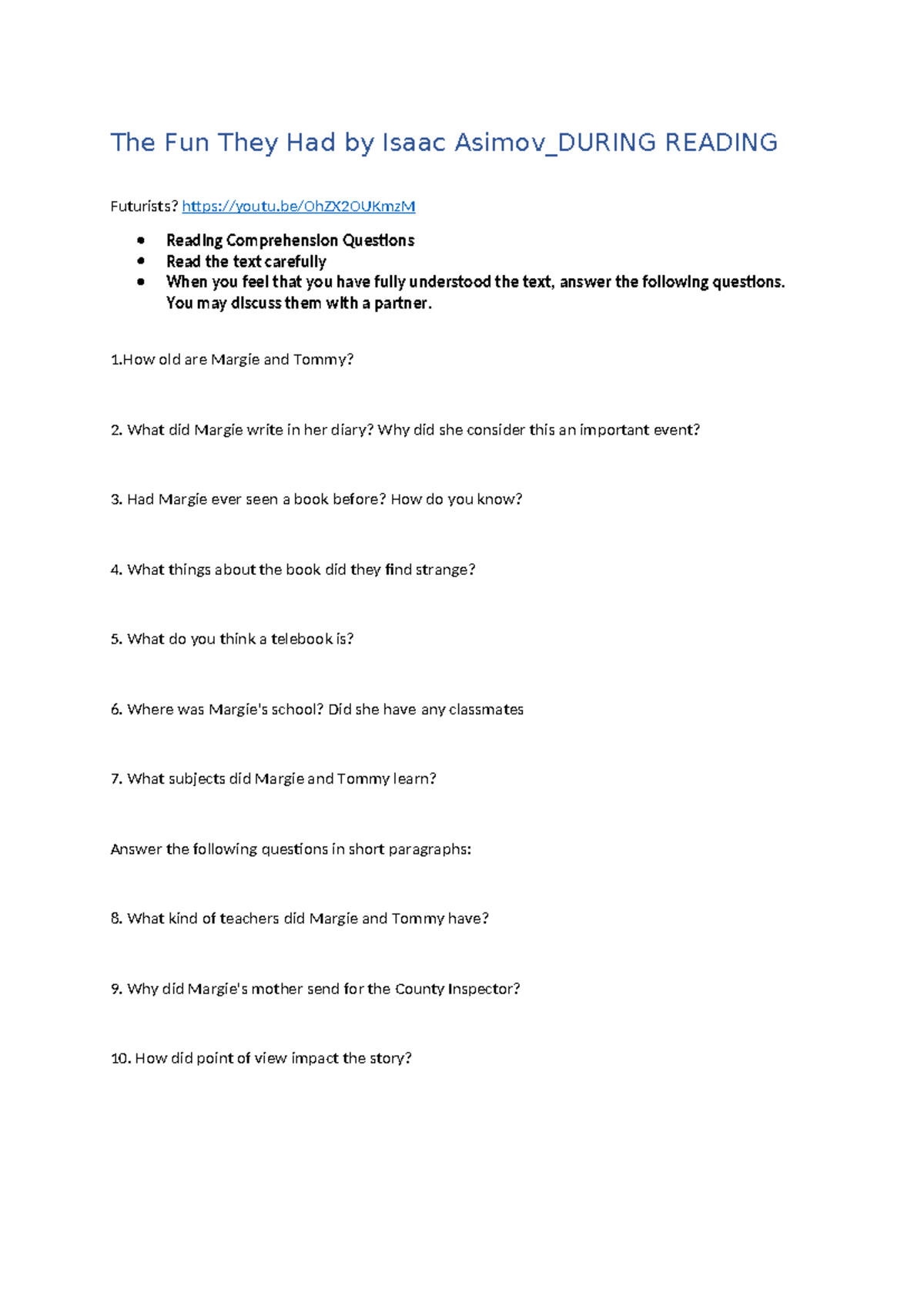 The-Fun-They-Had-by-Isaac-Asimov-Comprehension-Questions - The Fun They ...