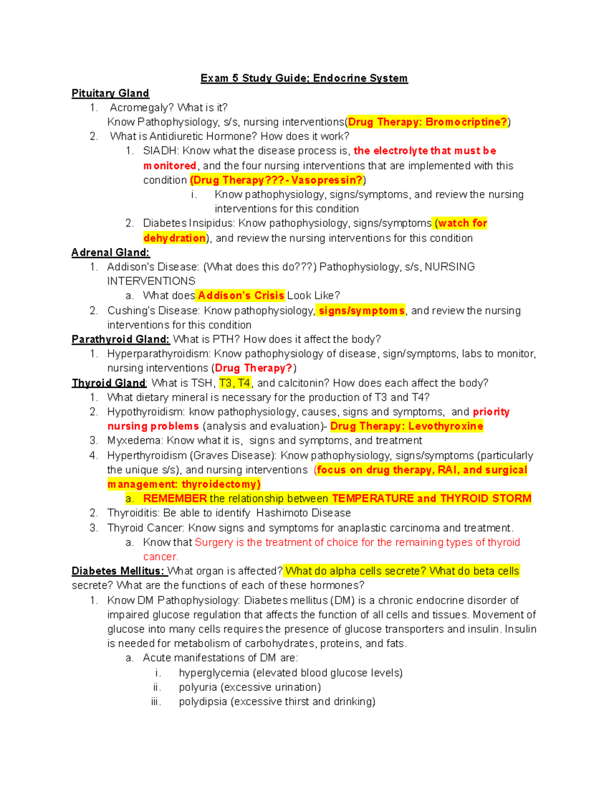 Exam 5 Study Guide Endocrine System - Exam 5 Study Guide; Endocrine ...