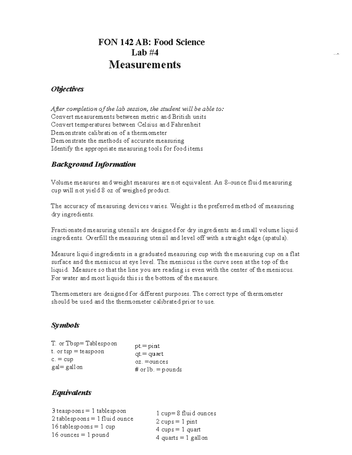 Lab #4 Measurement - This is laboratory assignment 4 for Applied Food Principles. - Objectives ...