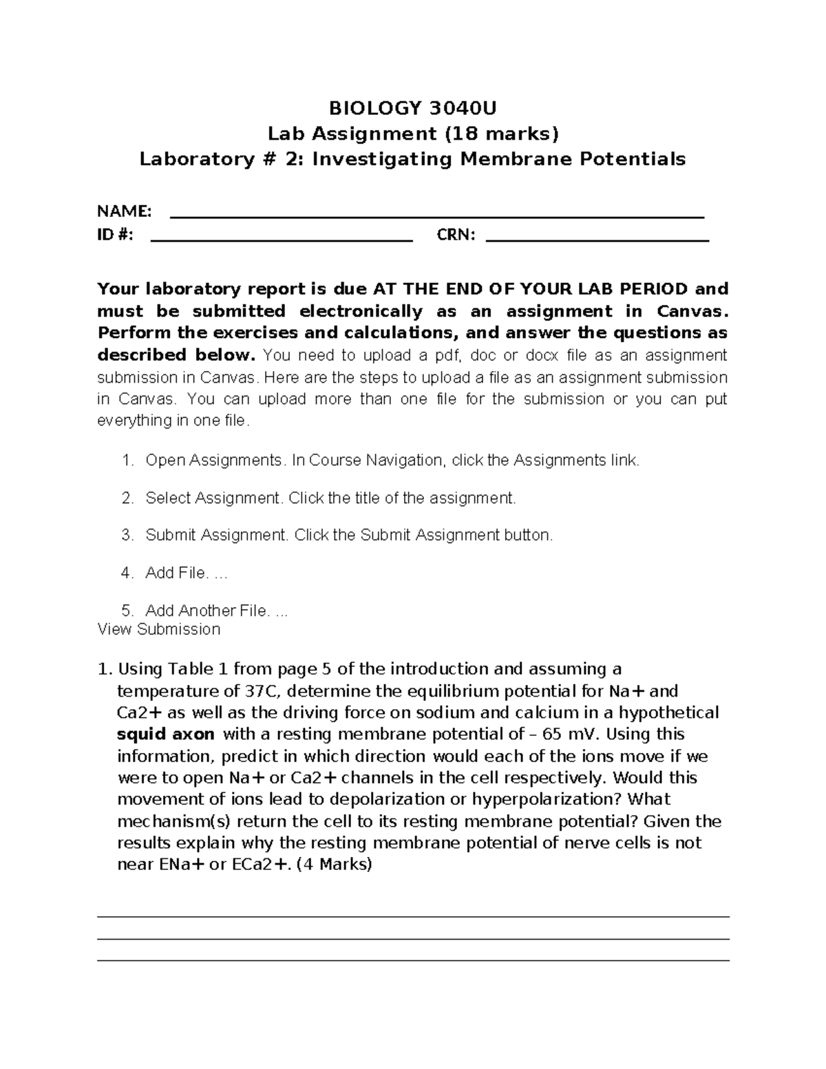 Lab 2 Assignment 2024 - tjc - BIOLOGY 3040U Lab Assignment (18 marks) Laboratory # 2 ...