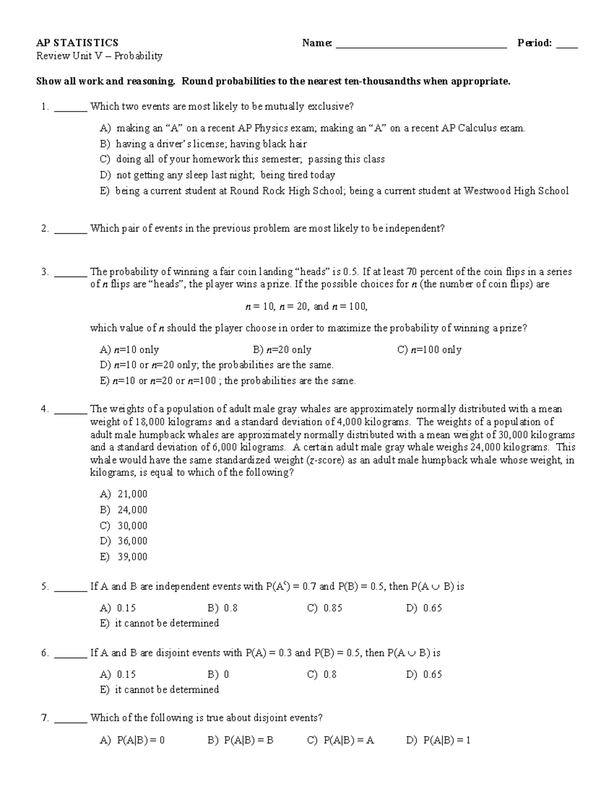 Review Unit V Probability - AP STATISTICS Name ...