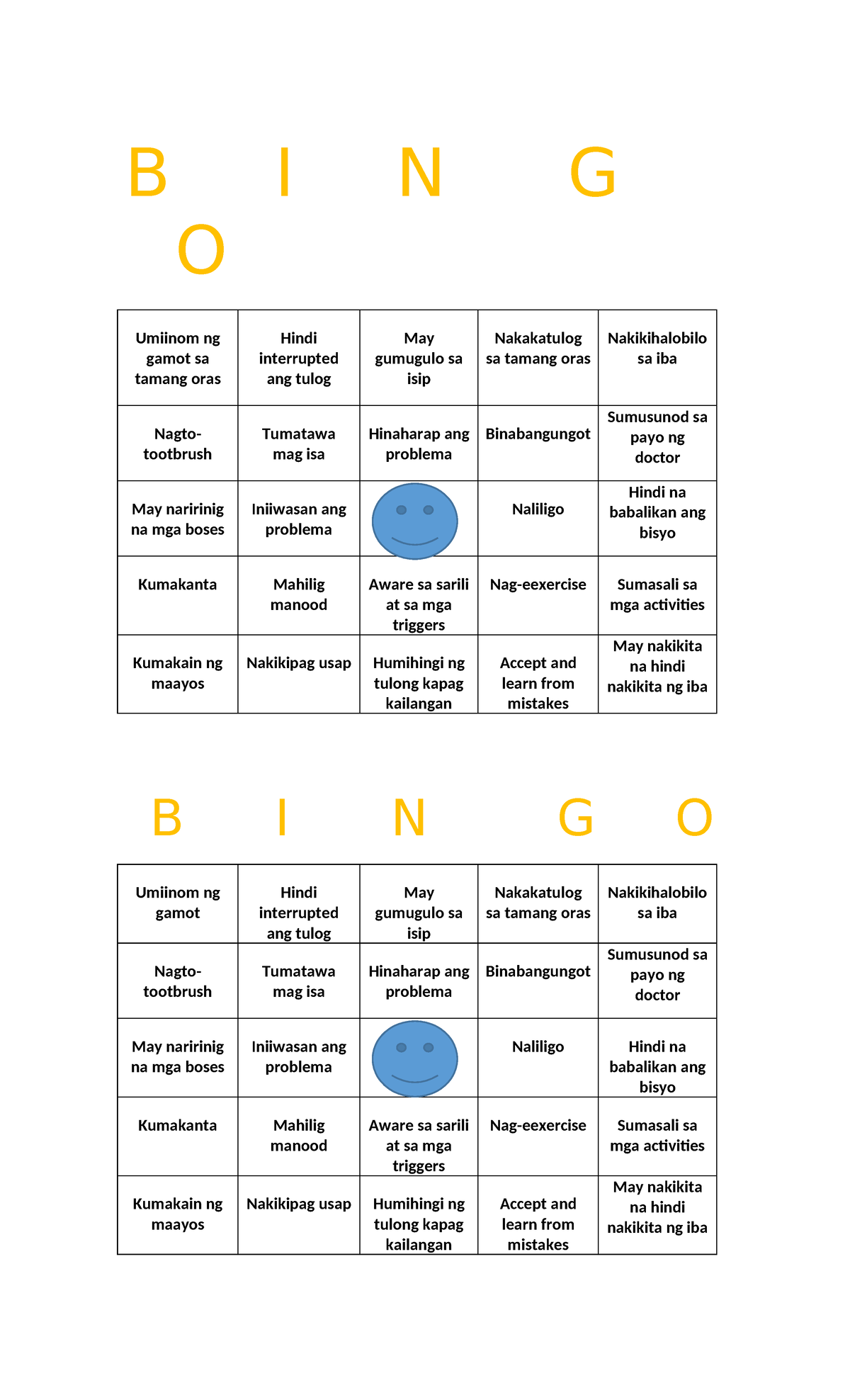 Bingo social - pych games - B I N G O Umiinom ng gamot sa tamang oras ...