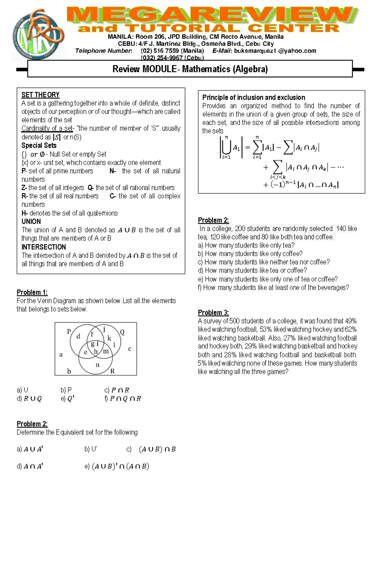 Review Module 01 - Algebra - Part 1 - Review MODULE- Mathematics ...