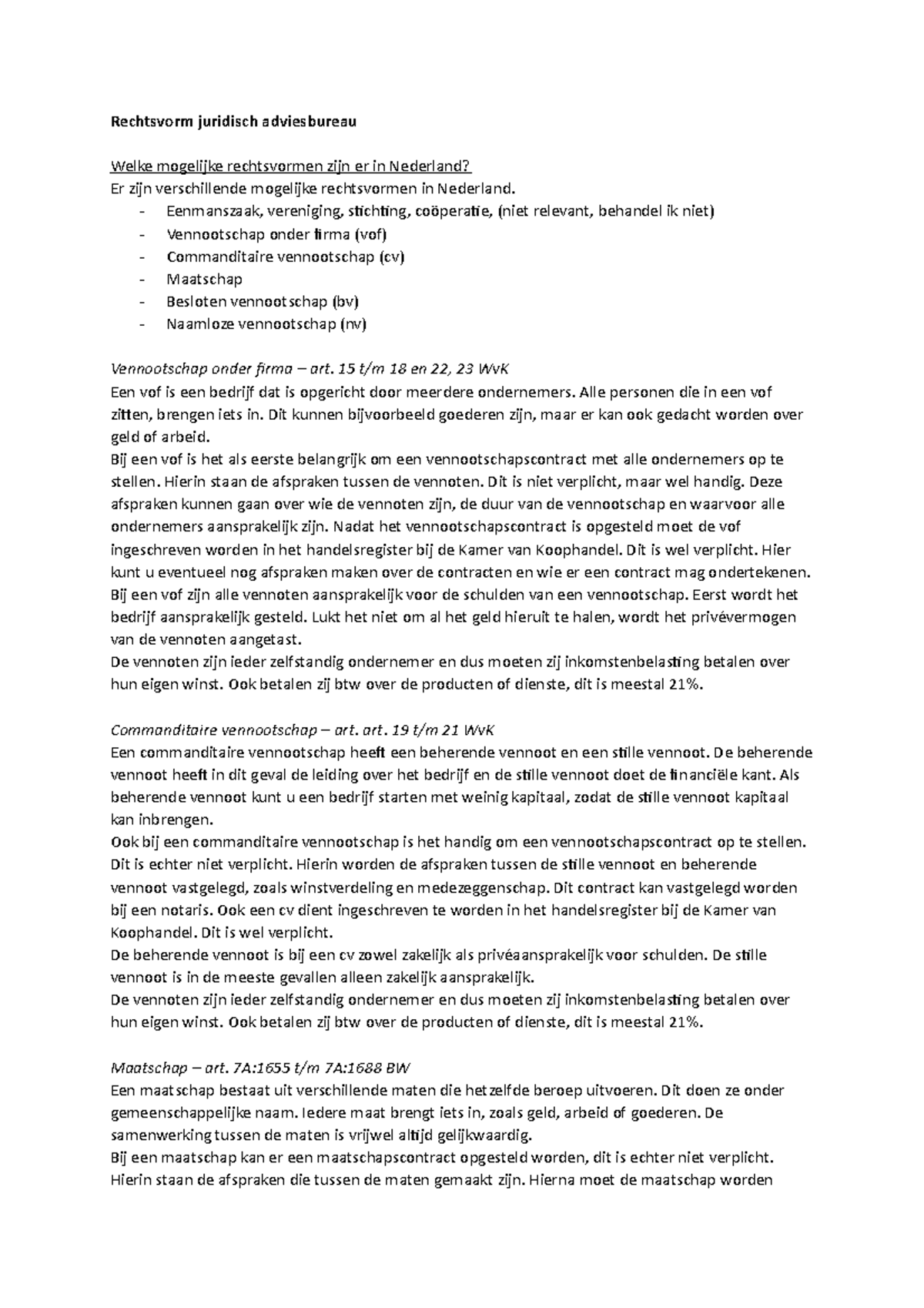 Rechtsvorm juridisch adviesbureau opdracht A - Rechtsvorm juridisch ...