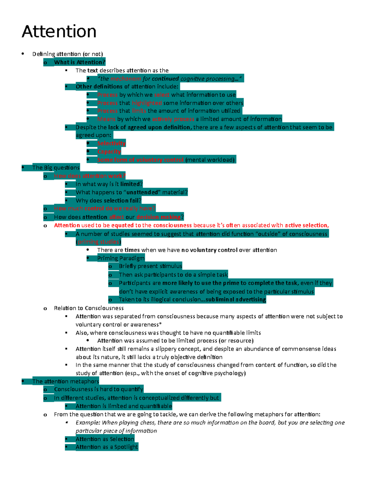 Attention - Lecture notes 3-4 - Attention Defining attention (or not) o ...