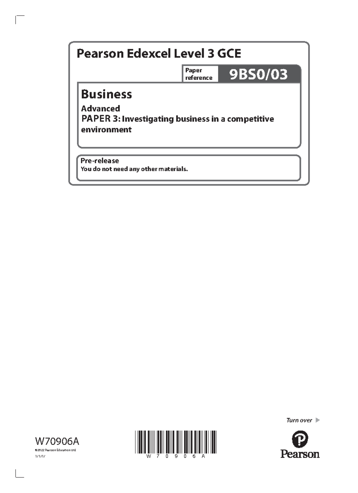 Pre release - pre relase content - Turn over Paper reference W70906A ...