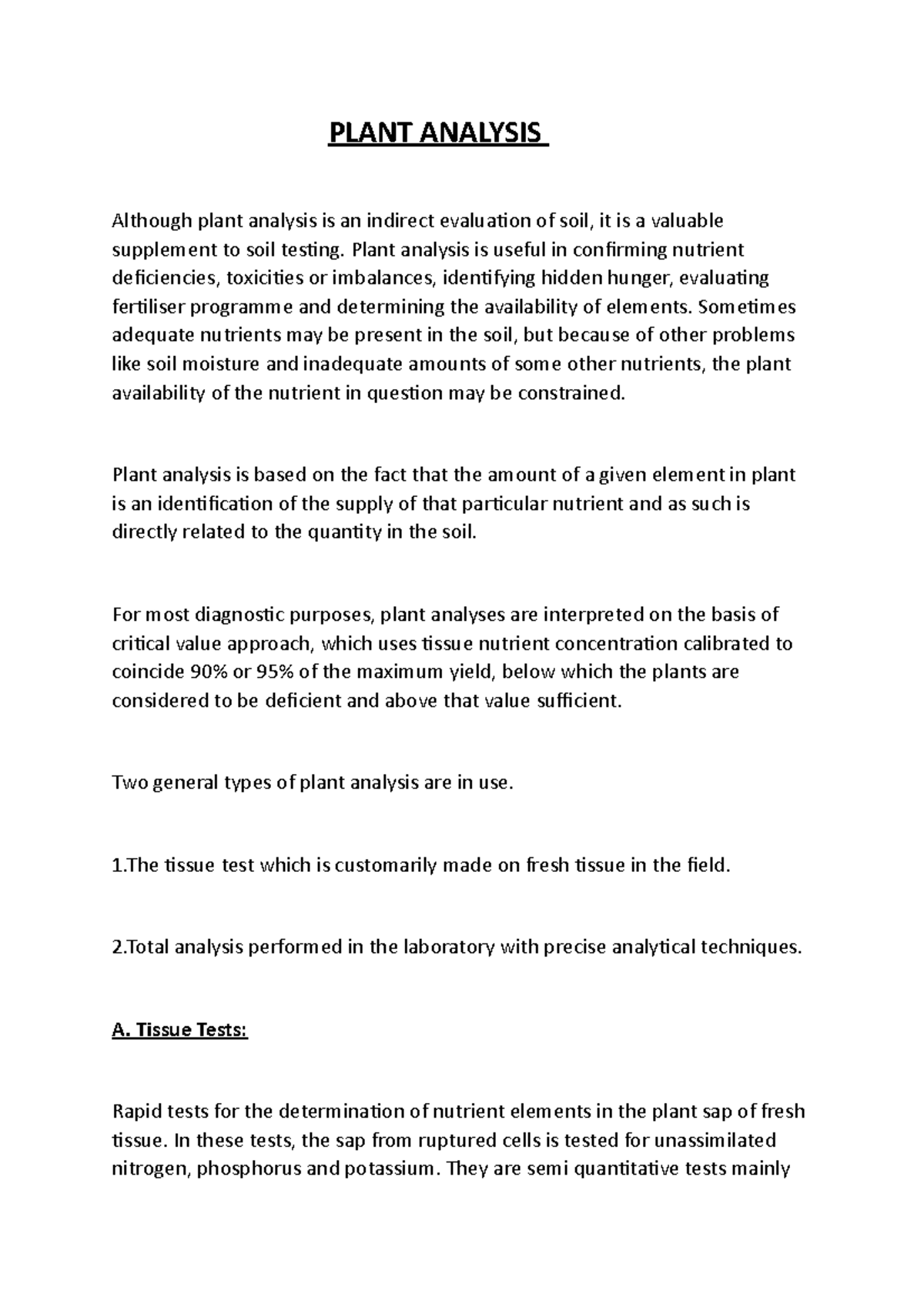 Plant Analysis - PLANT ANALYSIS Although plant analysis is an indirect ...