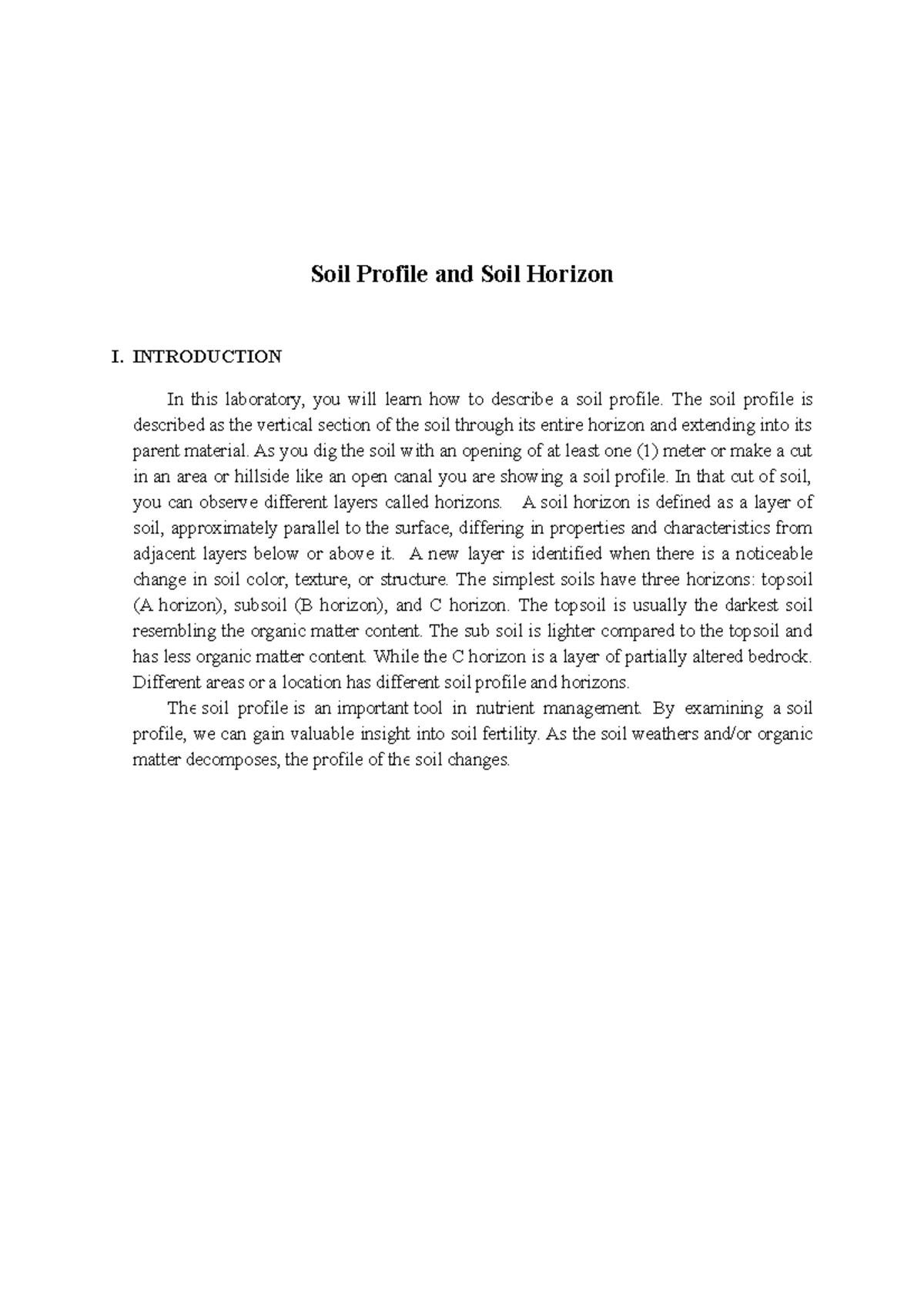 Unit I Laboratory - Soil Profile and Soil Horizon I. INTRODUCTION In ...