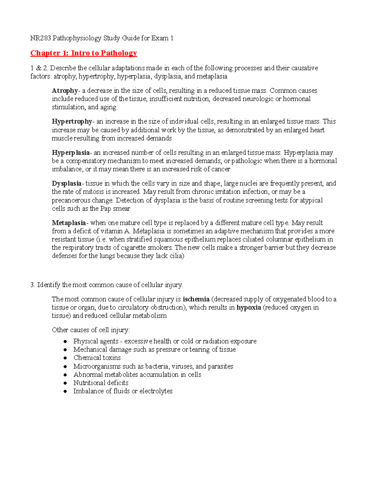 NR 283 Exam 1 study guide - NR283 Pathophysiology Study Guide for Exam ...