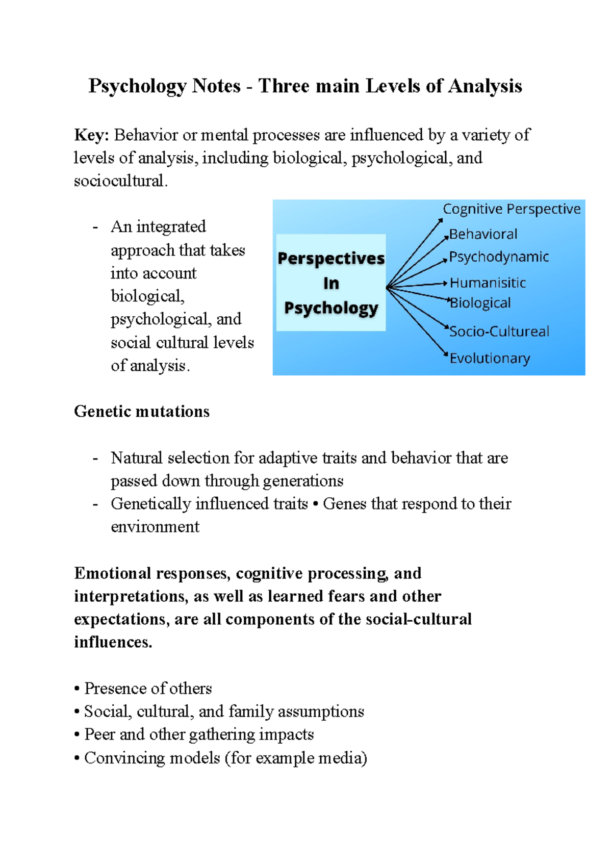 Psychology Notes - Three main Levels of Analysis - An integrated ...