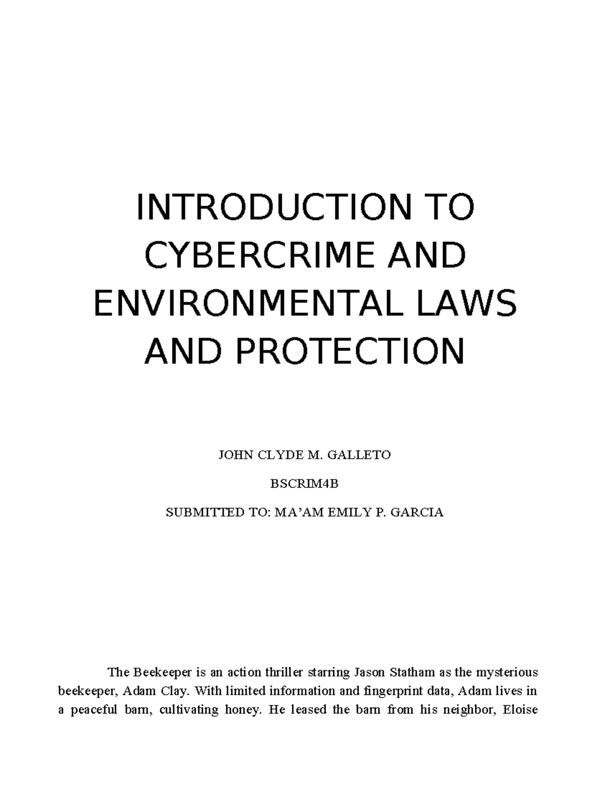 Cybercrime - N/A - INTRODUCTION TO CYBERCRIME AND ENVIRONMENTAL LAWS ...