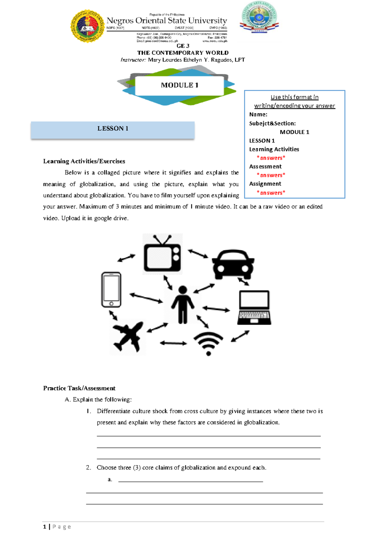 GE 3 Actvities, assessment and assignment for Module 1 - GE 3 THE ...