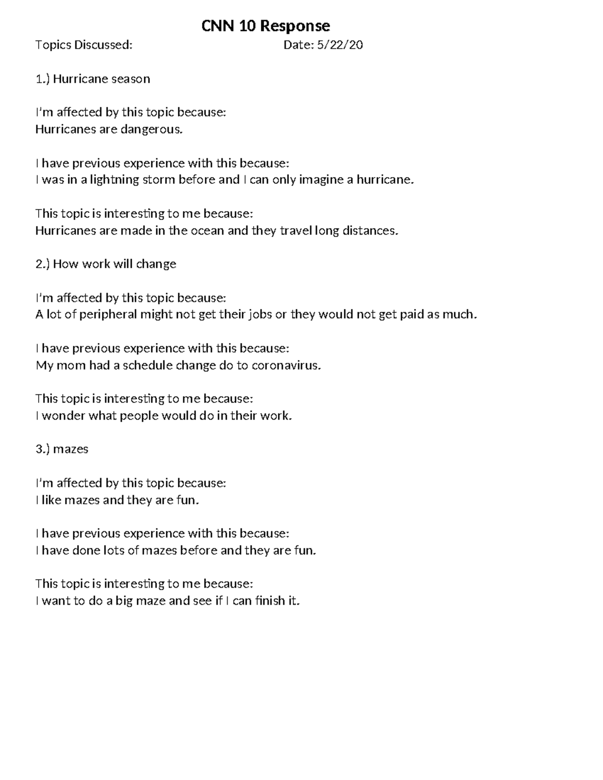 CNN 10 Response 6 copy - art - CNN 10 Response Topics Discussed: Date ...