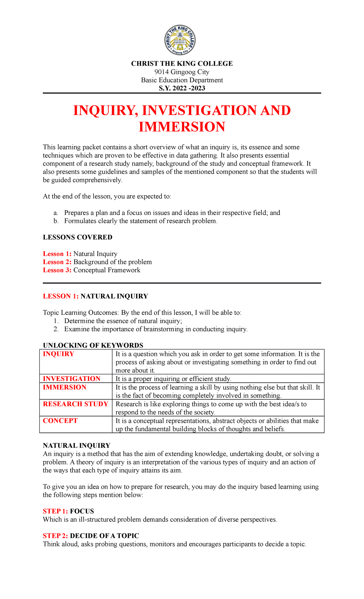 3 III Learning Packet - It's help to your research - CHRIST THE KING ...
