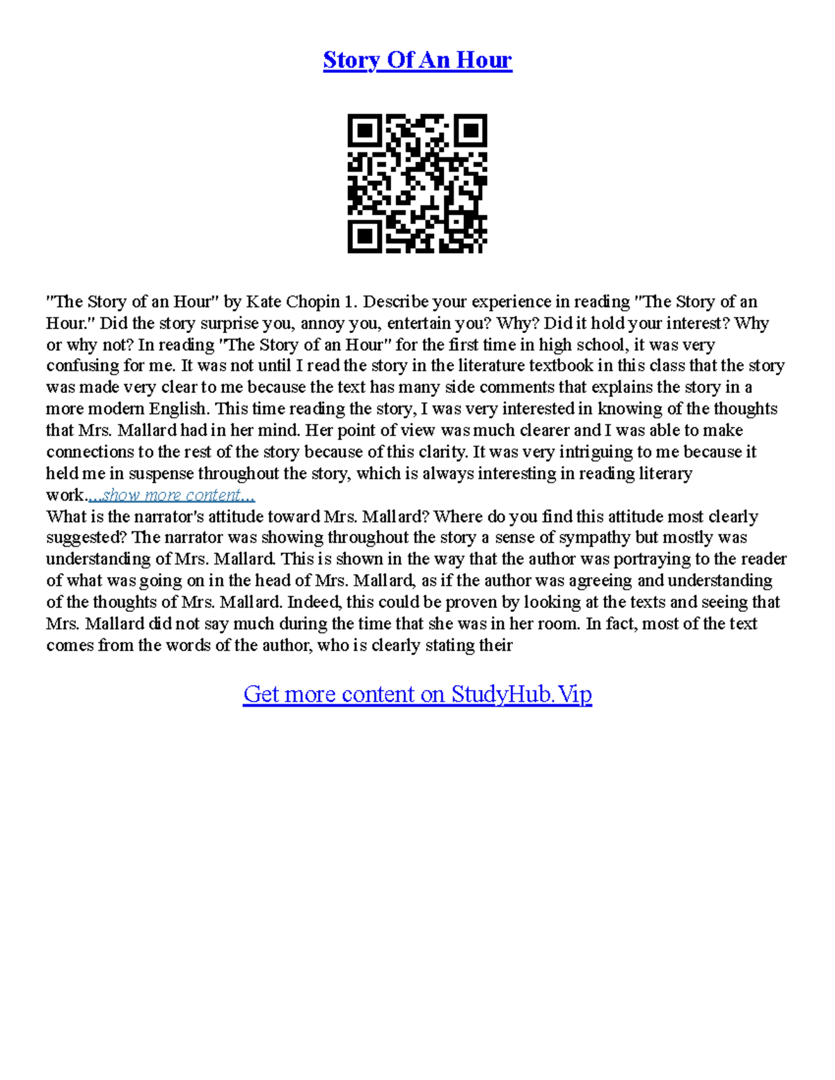 Story Of An Hour Essay - Story Of An Hour "The Story of an Hour" by ...