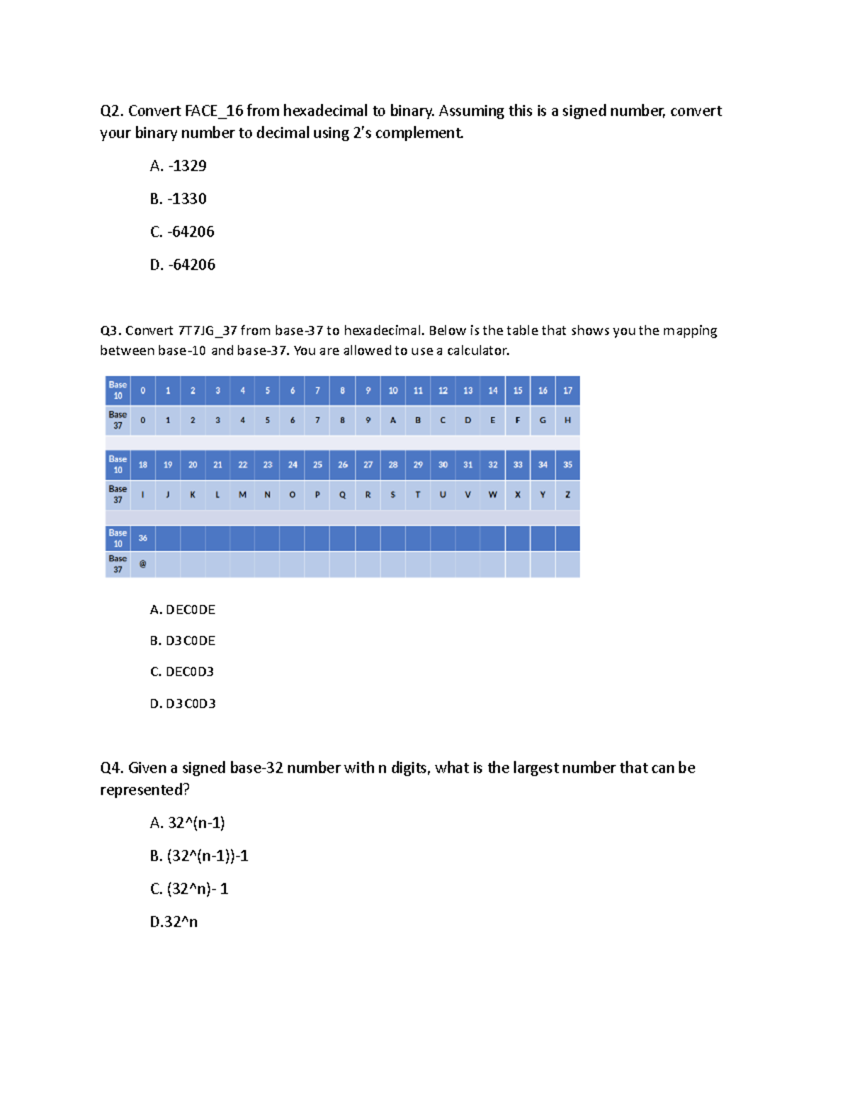 Midterm Practice - Q2. Convert FACE_16 from hexadecimal to binary. Assuming this is a signed ...