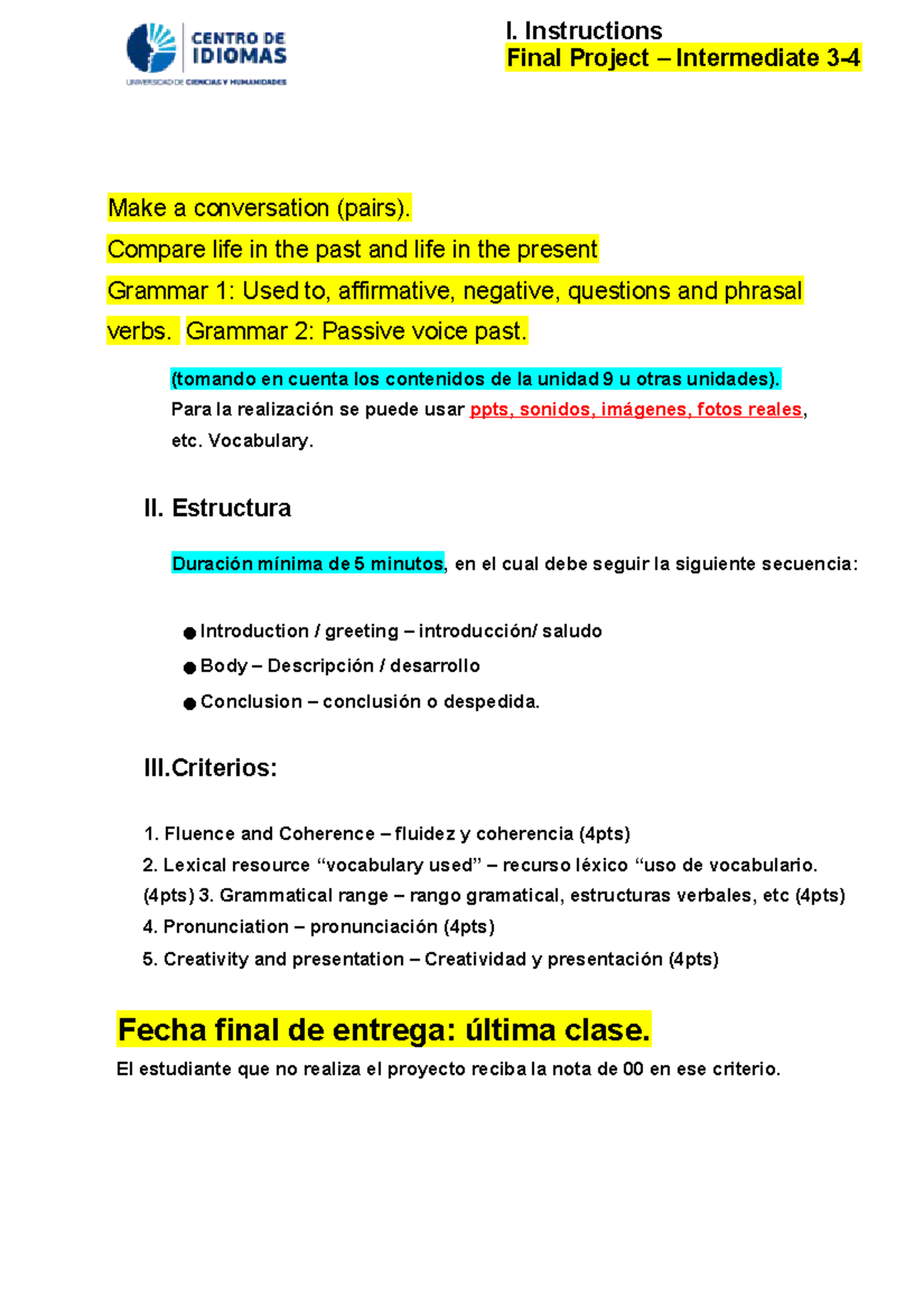 Project intermediate 3-4 - I. Instructions Final Project – Intermediate 3- Make a conversation ...