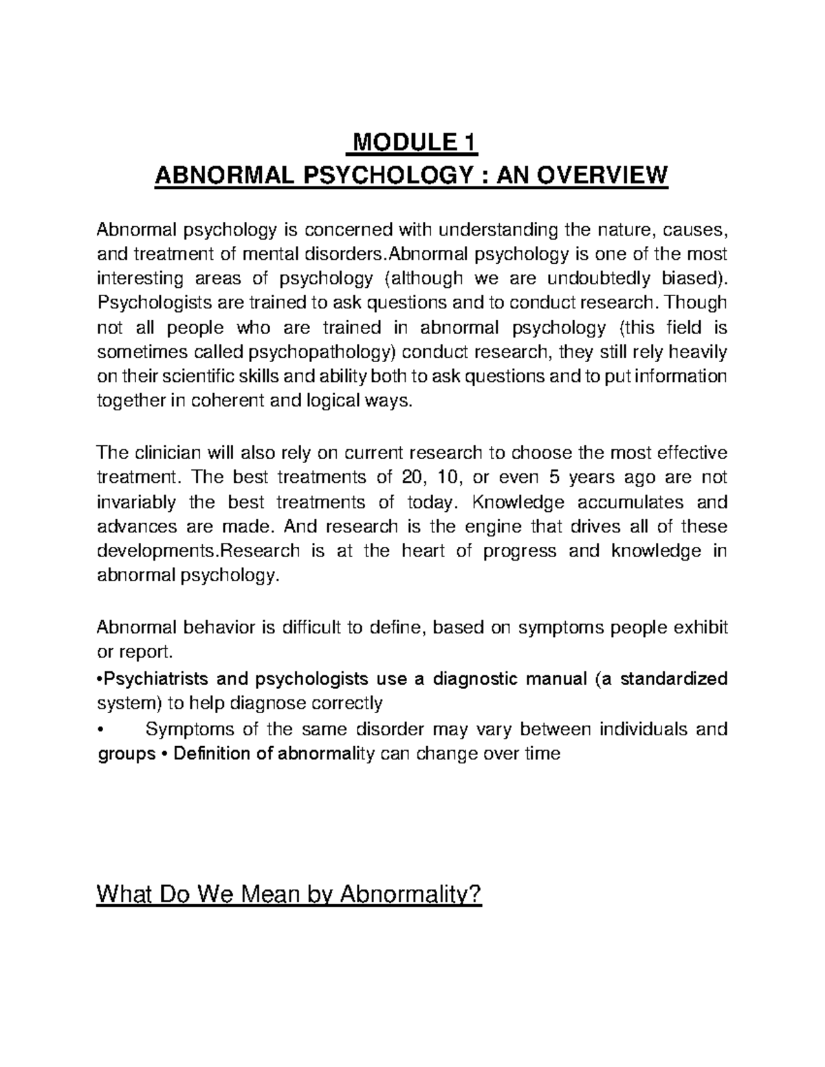 AB Module 1 Abnormal psychology an overview - MODULE 1 ABNORMAL ...