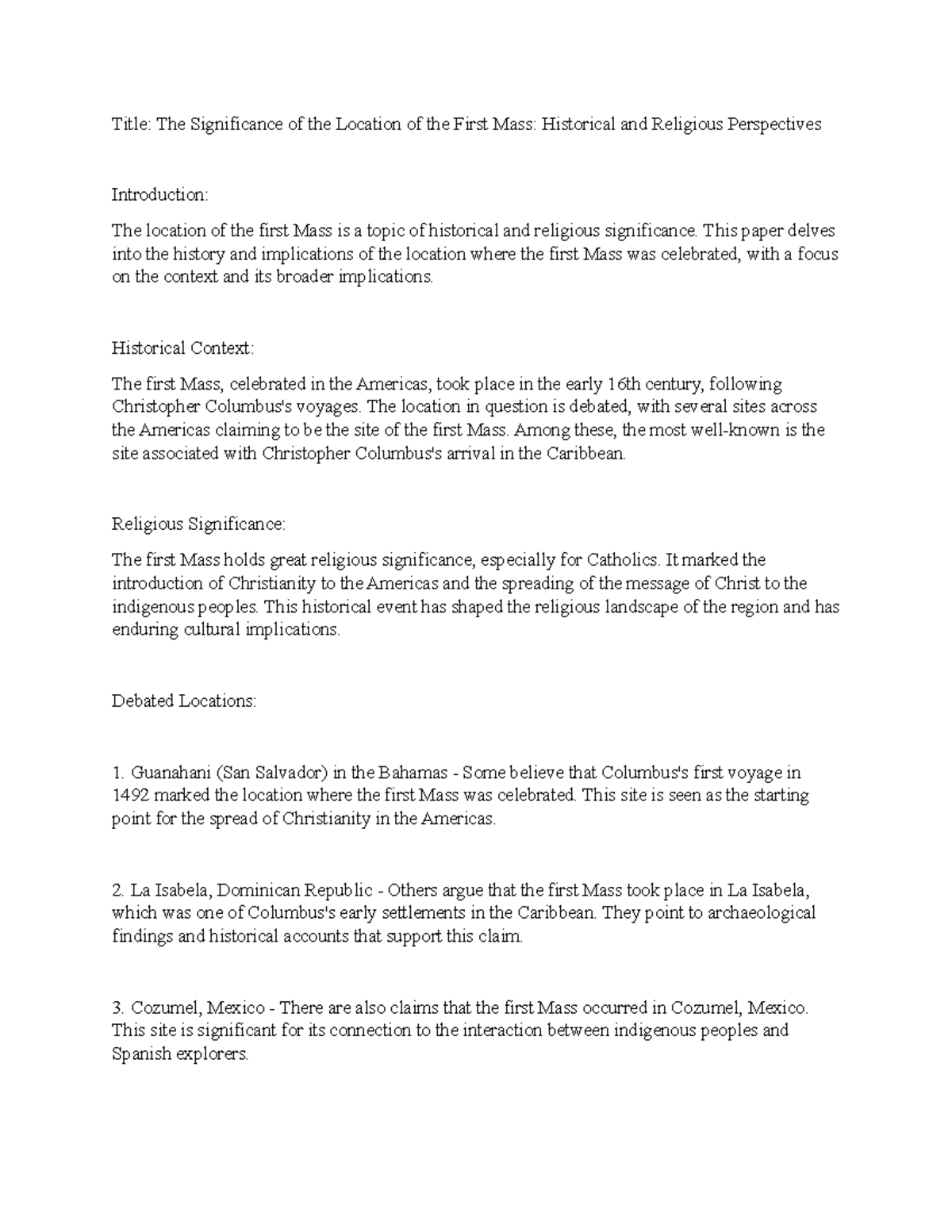 The Siteof the first mass - Title: The Significance of the Location of ...